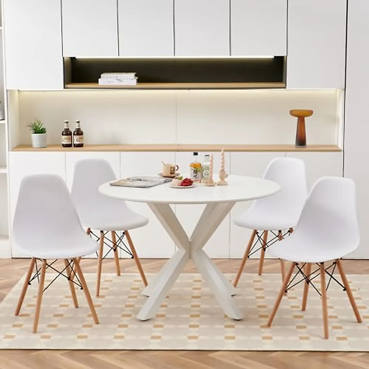 Modern Round Dining Table for 4, White Kitchen Tables MDF Top with X-Shaped Metal Legs, Small Space-Friendly Kitchen Table, Dining Room or Office, 42-Inch