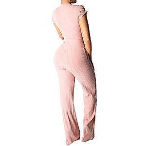Women 2 Piece Outfits Summer Two Piece Pants Sets Sexy Tie Front Crop Top Wide Leg Casual Ribbed Outfit Pink Large