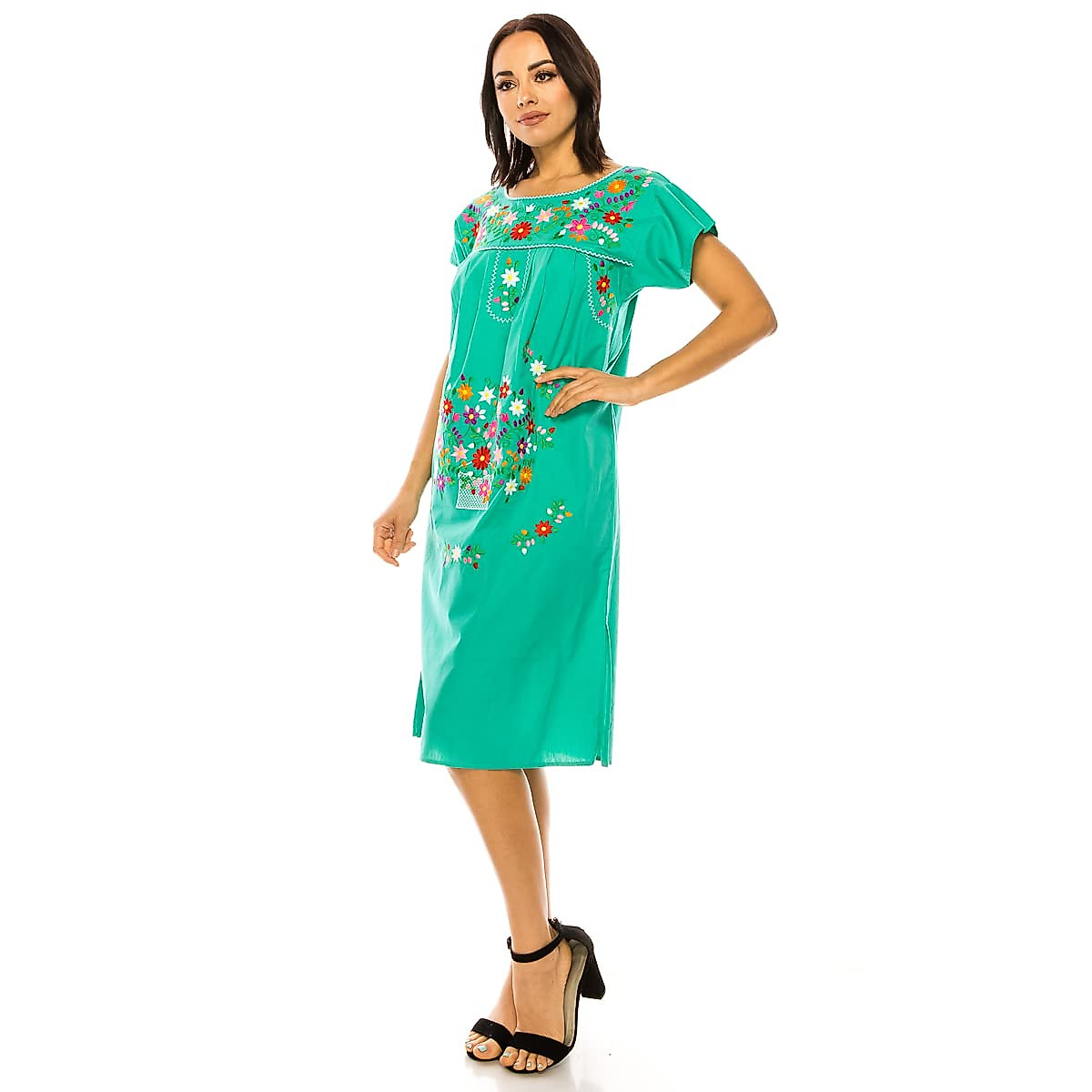 unik Embroidered Traditional Mexican Midi Dress (Mint, 2XL)
