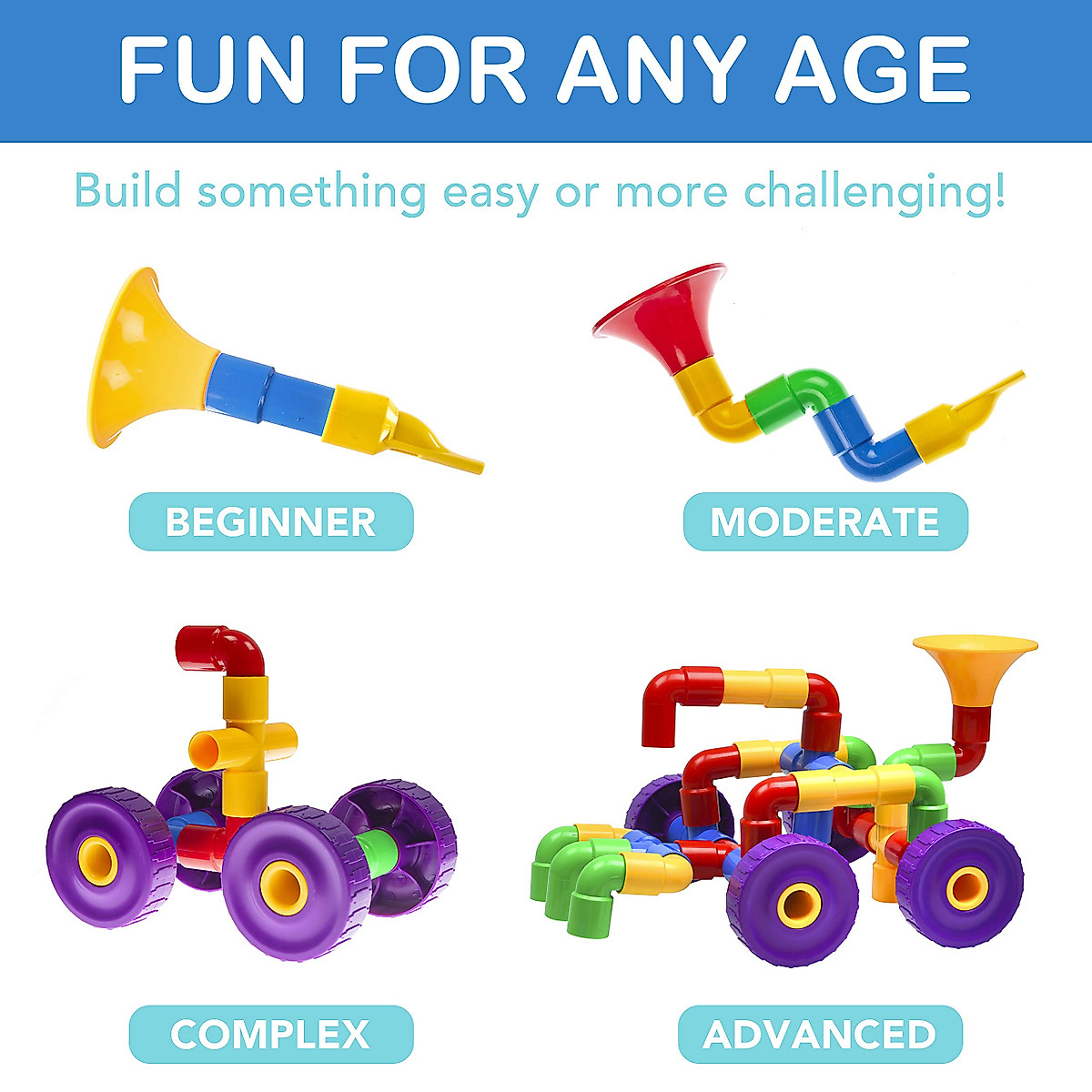 Playlearn Large Size Pipe Tube Blocks for Kids – Fine Motor STEM Toy for All Ages – 128 Pieces