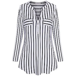 Bulotus 3/4 Sleeve Shirts for Women Plus Size, Ladies Tops and Blouses Casual Summer Fall V Neck Long Tunics to Wear with Leggings Business Casual, Stripe, X-Large