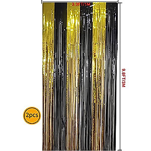 2 Pack 3.3ft x 9.8ft Metallic Fringe Curtains Door Foil Curtains Metallic Curtains Halloween Christmas Party Decoration Tinsel Curtains for Photo Backdrop Party Decorations (Black Gold-2)