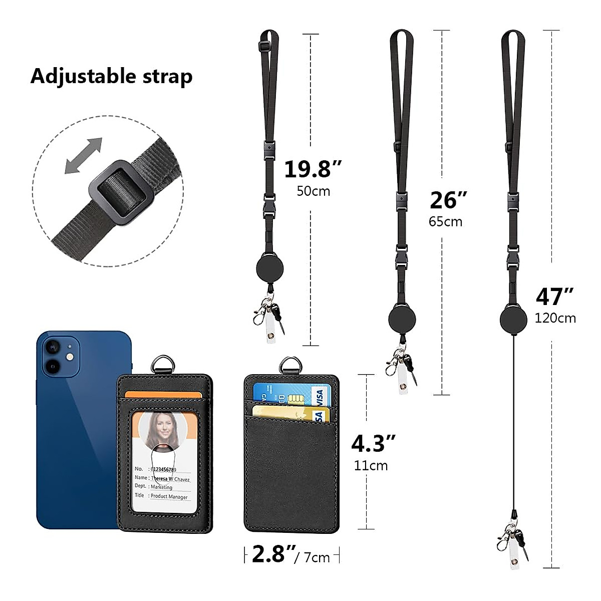 Leather Badge Holder and Adjustable Retractable Lanyards, Quick Release Buckle and Safety Breakaway Lanyards with Swivel Metal Clasp for Offices, Staff, Students, Employees