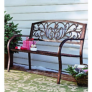 Blooming Patio Garden Bench Park Yard Outdoor Furniture, Iron Metal Frame, Elegant Bronze Finish, Sturdy Durable Construction, Scrollwork Design, Easy Assembly 50 L x 17 1/2 W x 34 1/2 H