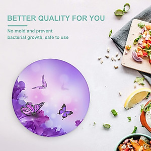 Bagea-Ka Butterfly on Purple Flowers Pattern Tempered Glass Cutting Board 8" Round Kitchen Decorative Chopping Board Small