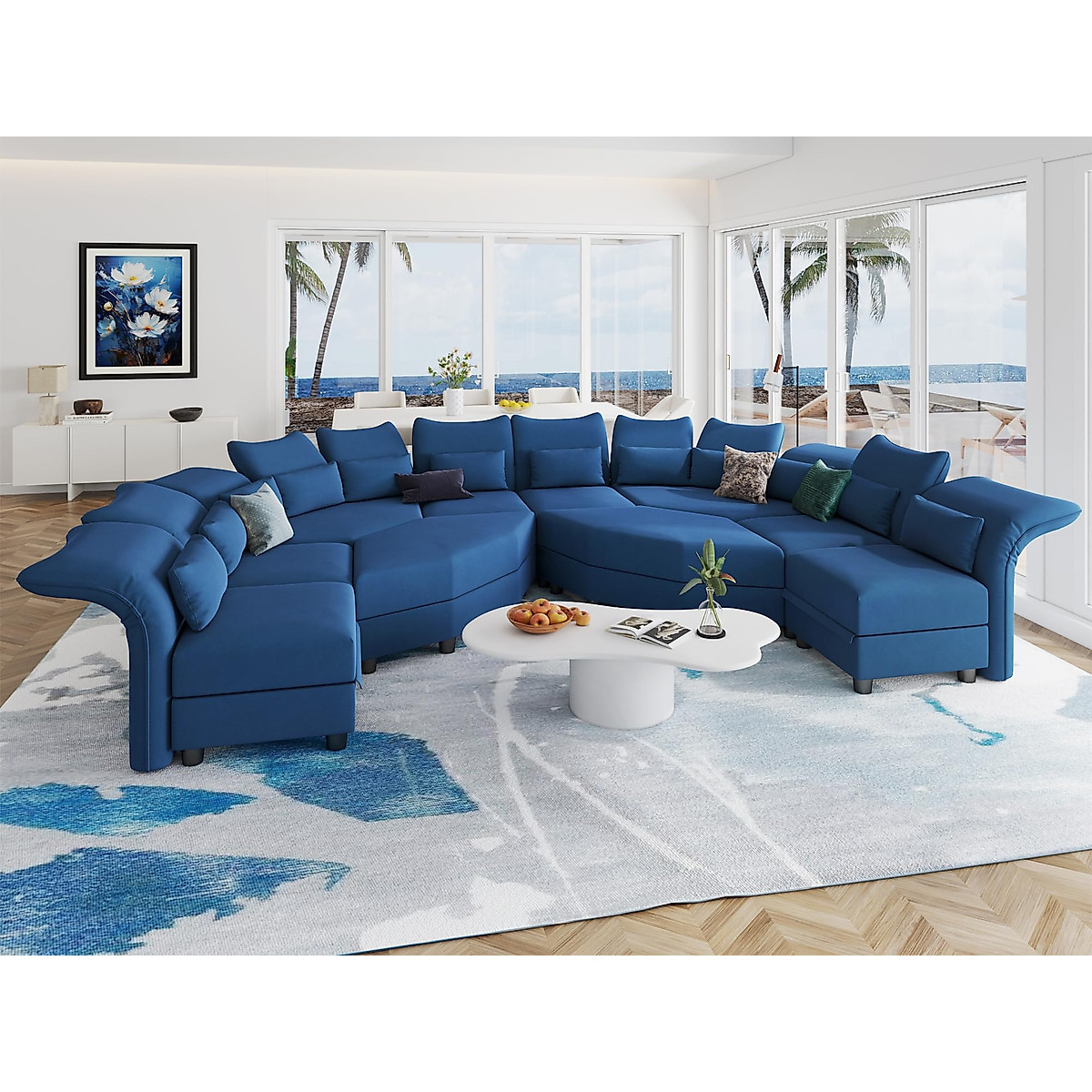 LLappuil Sectional Sofa Convertible U Shaped High Back Modular Couch with Storage Wide Chaise 10 Seat Comfy Modular Sectional Couch Scratch Resistant Easy Clean for Living Room, Blue