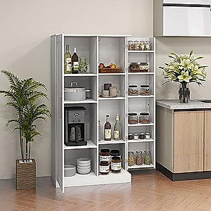 HOMCOM 63" Kitchen Pantry Storage Cabinet, 14-Tier Freestanding Kitchen Cupboard with 2 Doors, Adjustable Shelves for Living Room, Dining Room, White