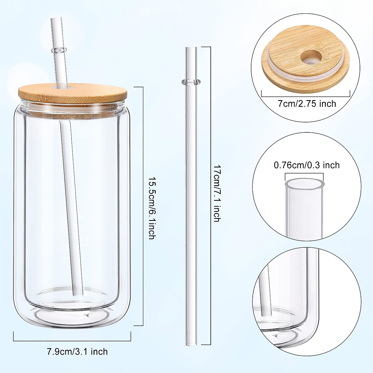 Didaey 12 Pcs Sublimation Blanks Glass with Bamboo Lid Plastic Straw Double Wall Sublimation Glasses Tumbler Cups Drinking Can Jars for Juice Beer Soda Iced Coffee Snow Globe DIY Gift (Wood,12oz)