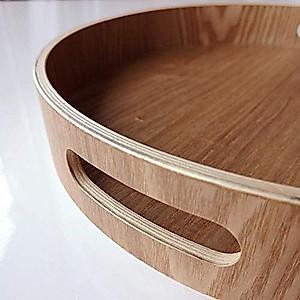 I-lan 14 Inch Wooden Serving Tray Circle, Round Wood Platter with Handles and 2 Inch Raised Side, Natural Wood Grain Circular Ottoman Display Tray Organizer for Food, Snack, Coffee Table, Beige, L