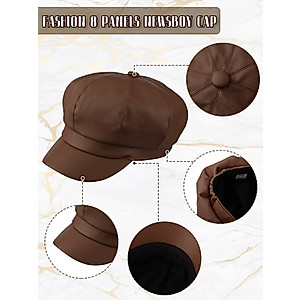 Funtery 3 Pcs Women Newsboy Hats PU Leather Visor Beret Cabbie Hat 8 Panel Vintage Women Fiddler Cap Faux Leather Baker Hat(Khaki, Red, Black)