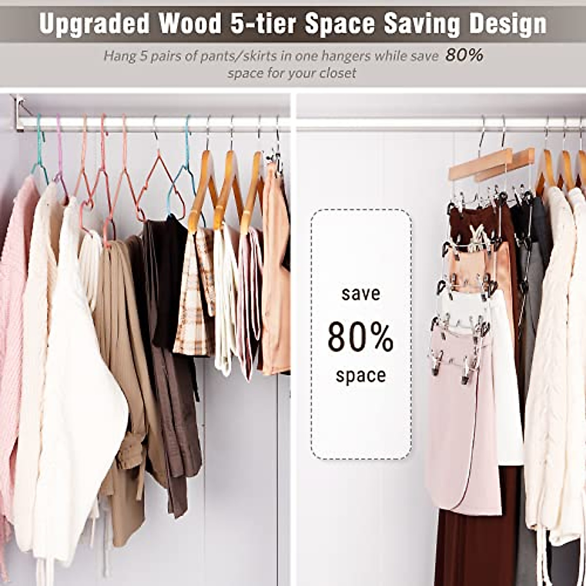 DOIOWN Skirt Hangers Space Saving - 6 Pack Beechwood Skirt Short Hangers - Non Slip Women Space Saving Skirt Hangers with Clips - 5 Tier Skirt Organizer Closet Organizers & Storage