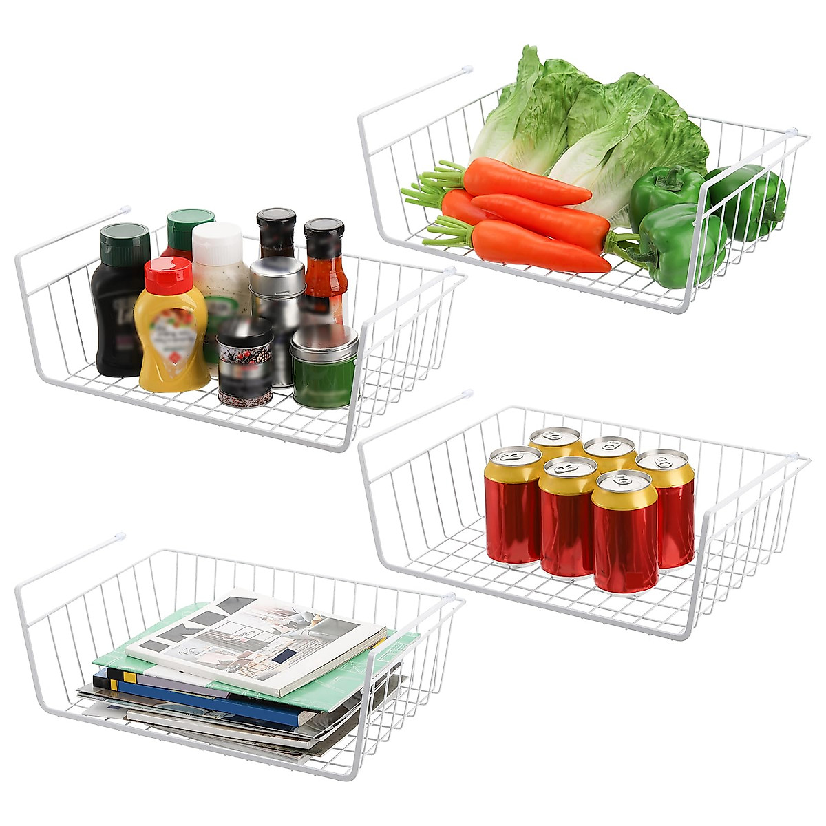 Tebery 4 Pack White Under Shelf Wire Basket Hanging Storage Baskets, Under Cabinet Add-on Storage Racks Slide-in Baskets Organizer for Kitchen Pantry Desk Bookshelf