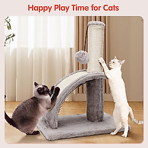 Nobleza Cat Scratching Post for Indoor Cats, Durable Natural Sisal Rope Cat Scratch Post with Cat Self Groomer, Sturdy Cat Scratcher Post for Kittens Small Cats with Funny Hanging Ball, Light Grey
