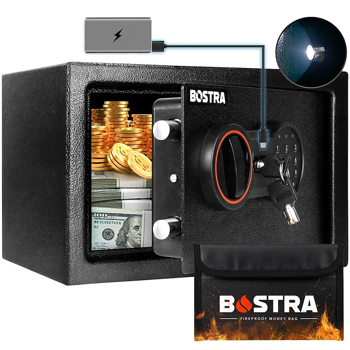 Bostra Fireproof Safe Box with Sensor Light & Fireproof Bag, Money Safe Box with Digital Keypad,Security Safe Box for Home, 0.5 Cubic Small Safe with Keys & Pass Code for Cash Jewelry