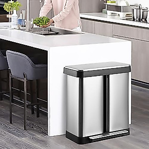 Fashionwu Dual Trash Can, Stainless Steel 8 + 9.5 Gal (30 + 36L) Garbage Can, Steel Pedal Recycle Bin with Lid and Inner Buckets, Rectangular Hands-Free Kitchen Trash Can