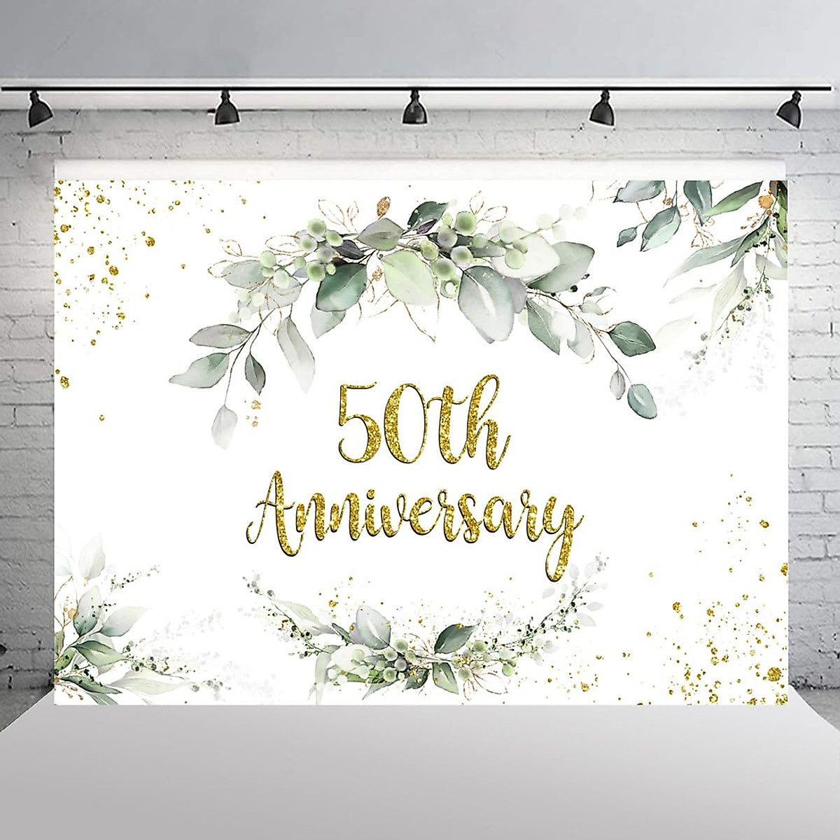 Wollmix 50th Wedding Anniversary Decorations Banners Backdrops Green Leaves Cheers to 50 Years Gold Dots Photography Background Party Sign Poster Photo Booth Props Decor Supplies 7x5ft