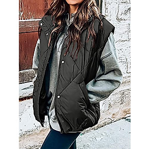 MEROKEETY Puffer Vest for Women Lightweight Fall Snap Button Quilted Jacket Coat with Pockets,Black,XL