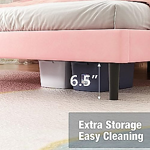 Daznzn Full Size Bed Frame with Headboard, Velvet Upholstered Platform Bed with Strong Wood Slats Support, No Box Spring Needed, Strong Weight Capacity, Noise Free, Easy Assembly, Pink