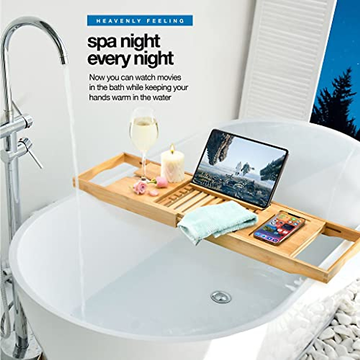 Luxury Bathtub Tray Caddy - Foldable Waterproof Bath Tray & Bath Caddy - Wooden Tub Organizer & Holder for Wine, Book, Soap, Phone Luxury Gift For Men & Women - Expandable Size, Fits Most Tubs Home It