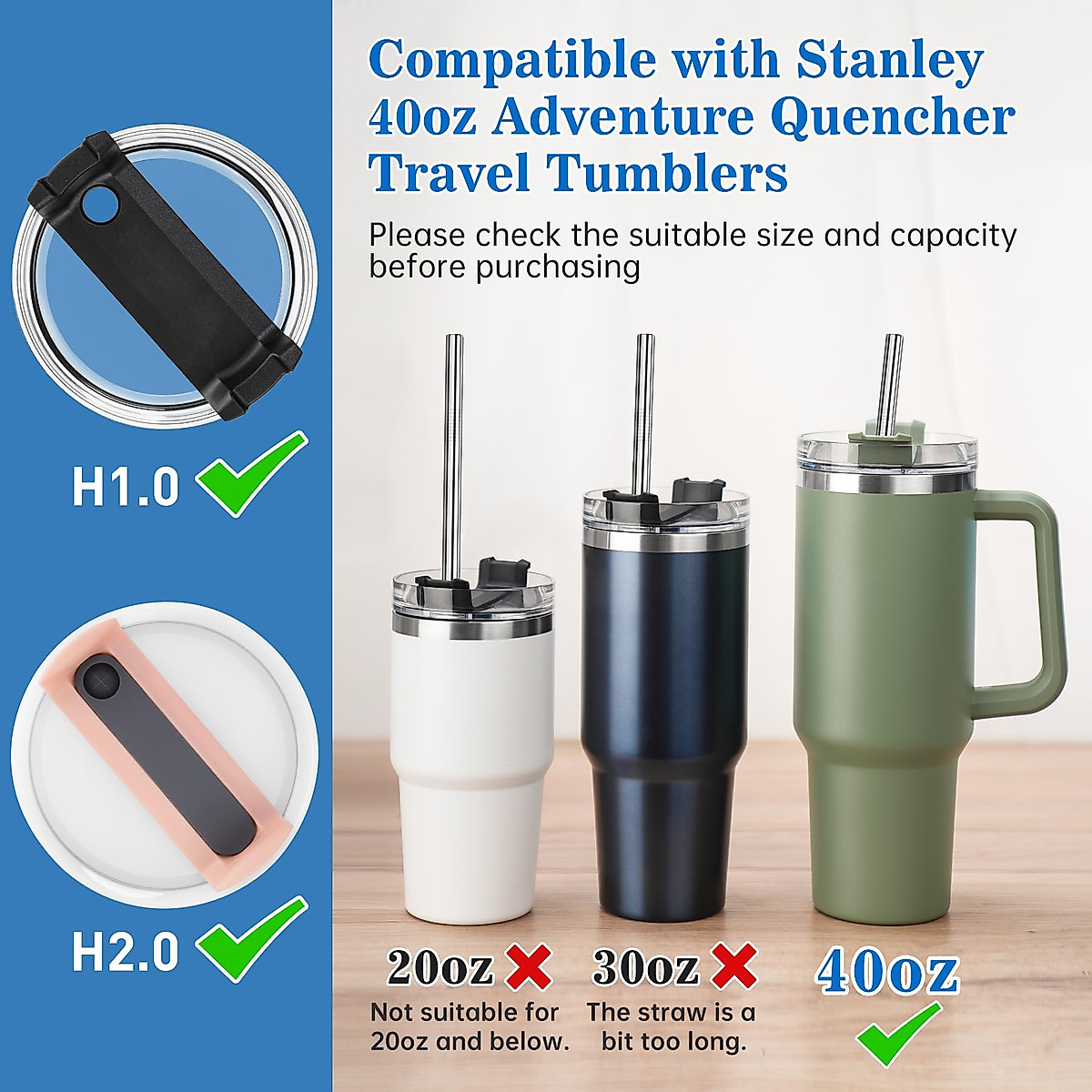 Tomorotec 40oz Straws, 14PCS Stainless Steel Replacement Straws for Stanley 40oz Adventure Quencher Travel Tumblers with Cleaning Brushes 2PCS, Food-Grade, Dishwasher Safe for Smoothies (Silver)
