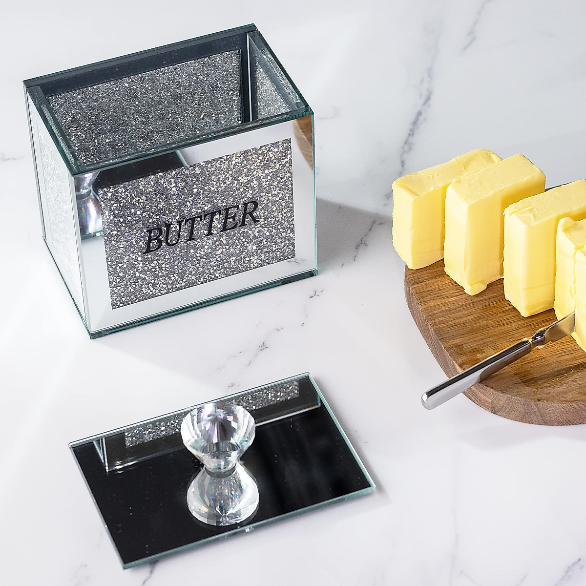 5.9"x3.9"x5.1" Butter Container Box with Lid, Glass Cheese Tank Storage Box Filled with Sparkly Crystal Crushed Diamonds, Keep Butter Cheese Fresh & Sparkle, Ideal for Kitchen, Dining Room