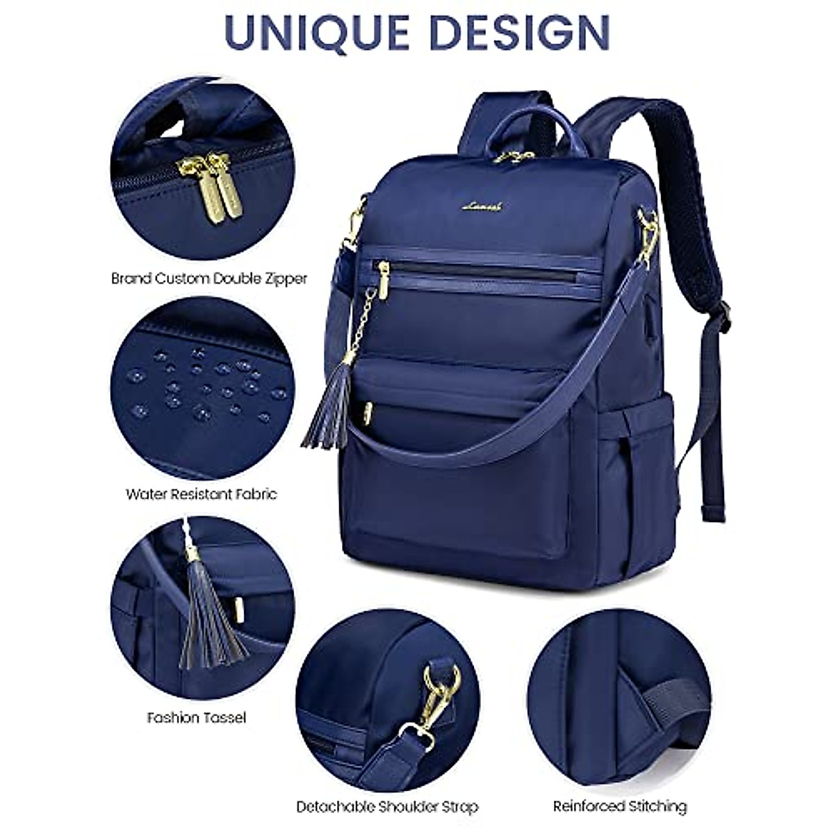 LOVEVOOK Laptop Backpack Women,17.3 Inch Convertible Backpack Purse for Women with USB Port,Fashion Teacher Nurse Bag Work Backpack with Cute Wristlet Bag for Travel Commute,2 PCS,Navy Blue