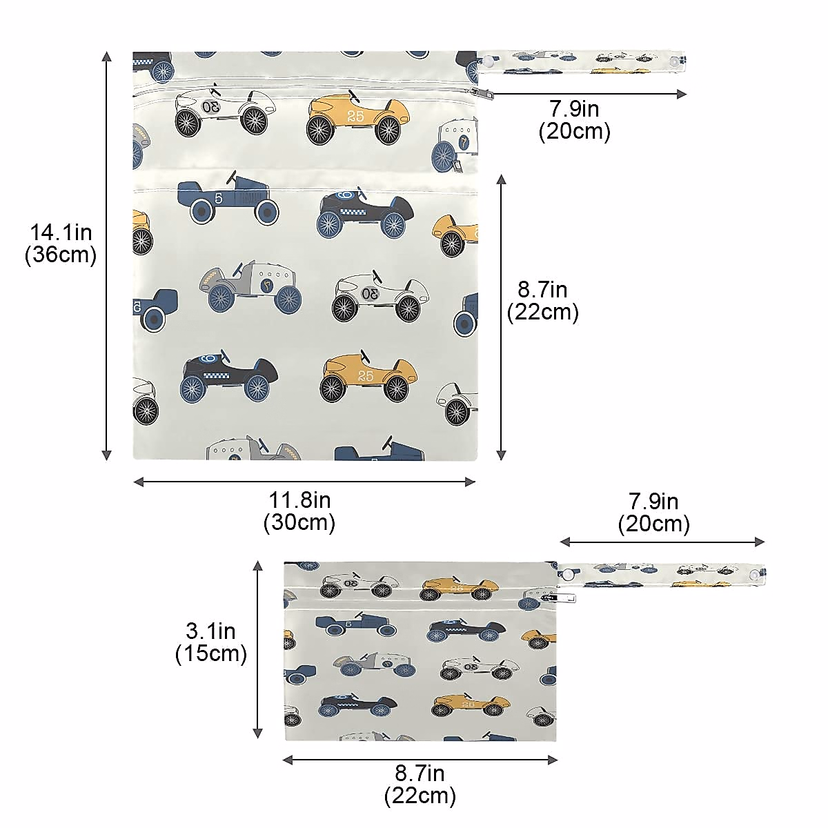 AUUXVA Wet Dry Bag 2 Pack Vintage Car Pattern Print Waterproof Kids Baby Cloth Diaper Wet Bags Organizer Pouch Zippered Pockets Yoga Gym Wet Dry Bag for Travel Swimsuits