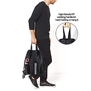 BeeGreen Drawstring Backpack Bag with Shoe Compartment X-Large Black Gym Sports String Cinch Backpack Athletic Sackpack with Front Inside Zipper Pockets