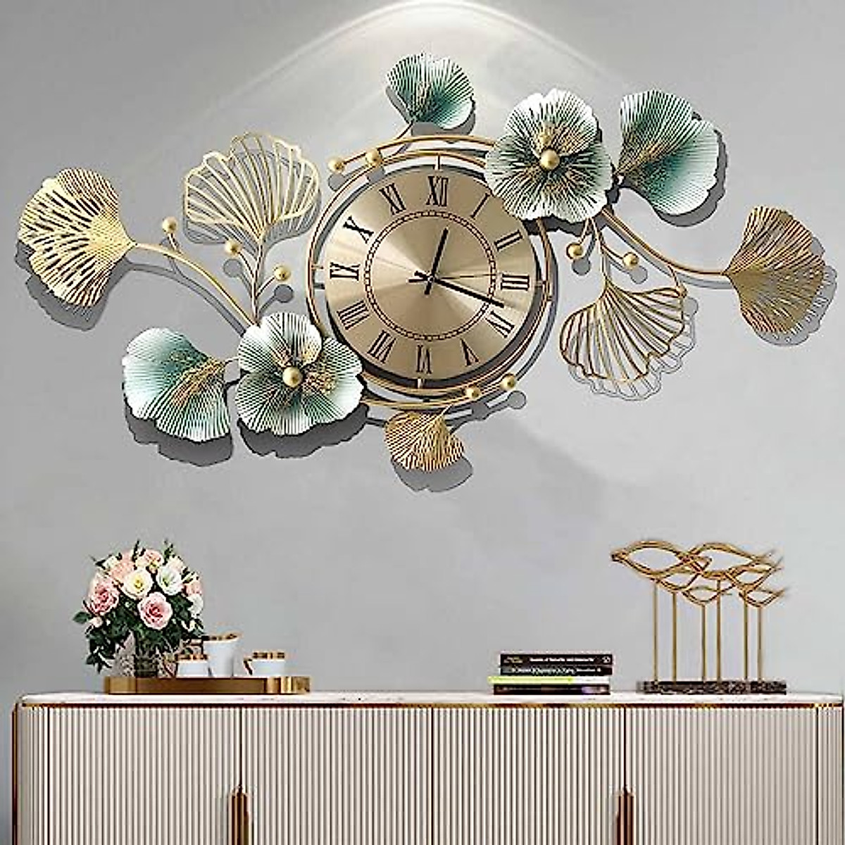 Clock for Living Room，Metal Large Wall Clock for Living Room，Big Clocks for Wall Living Room Ginkgo Leaf Design Wall Clock Silent Non Ticking，33 Inch