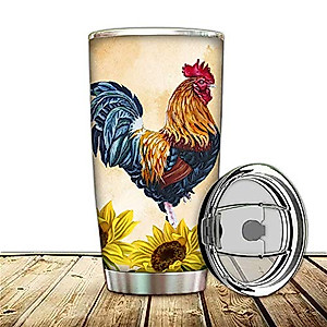 20oz Stainless Steel Rooster Tumbler Cup,Farm Country Chicken Travel Mug, Sunflower Rooster Rise Coffee Cup With Lids Straw,Insulated Vacuum Thermal Double Wall Water Bottle for Family