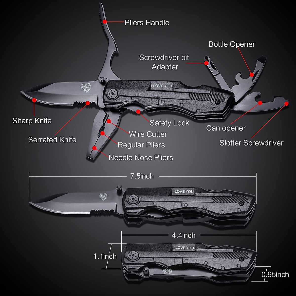Gifts for Men Dad Husband Boyfriend Him from Daughter Son Wife Kids, Multitool Pocketl Knife, Engraved 'I LOVE YOU', Survival Multi Tool Cool Gadgets