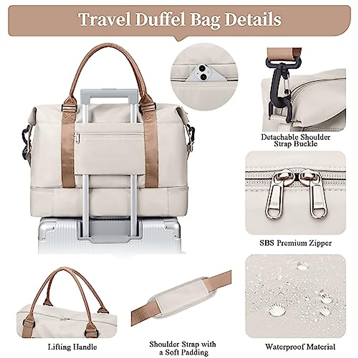 Weekender Bags for Women, Personal Item Travel Bag with Shoes Compartment, Overnight Travel Duffel Bag with Wet Pocket & Trolley Sleeve,Gym Bag,Beige & Brown
