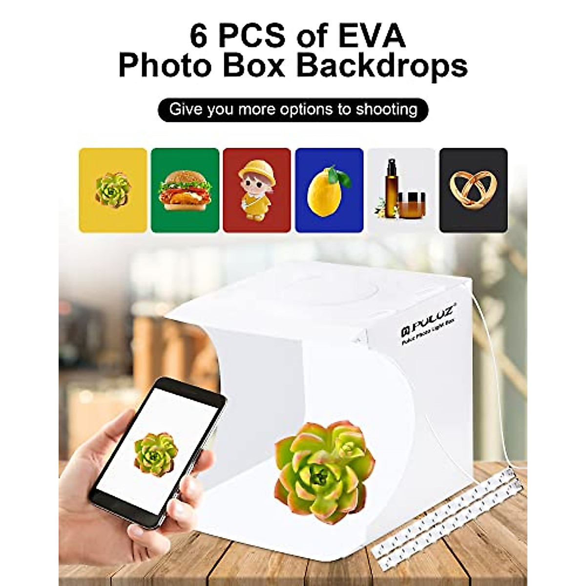 PULUZ Photo Studio Box with LED Light, 20cm Mini Portable Photography Lighting Tent Kit, White Foldable Shooting Softbox with 2x20 Lights + 6 Backdrops for Product Display