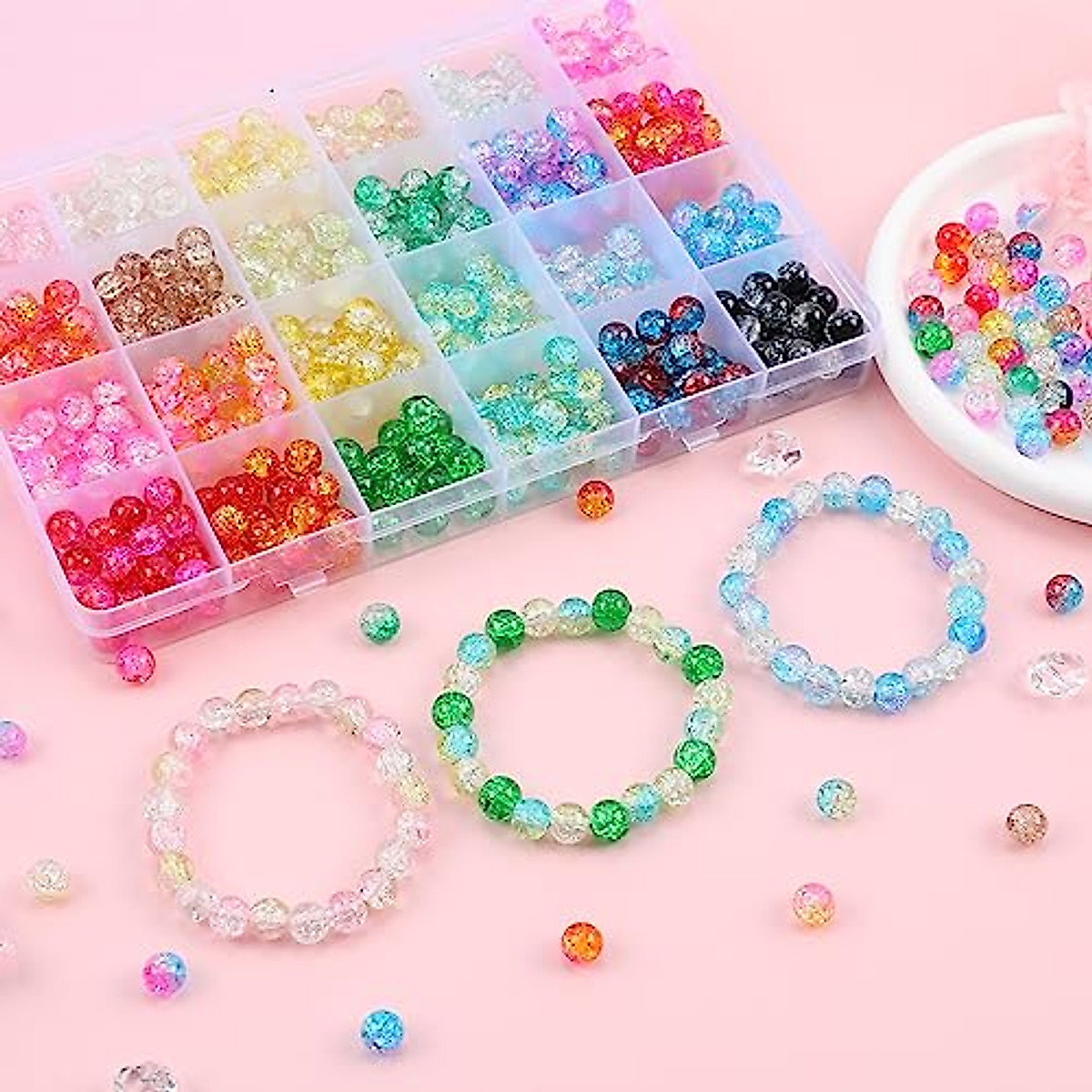 24 Color Glass Beads for Jewelry Making Bracelet Making Kit, DIY Gemstone Beads Crystal Beads, Cracked Glass Beads Round Beads for Women 8mm