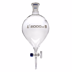 EISCO Separatory Funnel, 2000mL - Pear Shaped - 29/32 Plastic Stopper, Glass Key Stopcock - Borosilicate Glass