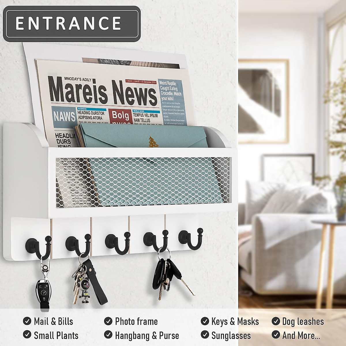 Ikviier Key Holder for Wall Decorative Made of Pine, Key Rack for Wall White, Key Hook for Wall with 5 Metal Hooks, Farmhouse Mail and Key Holder for Wall (White)