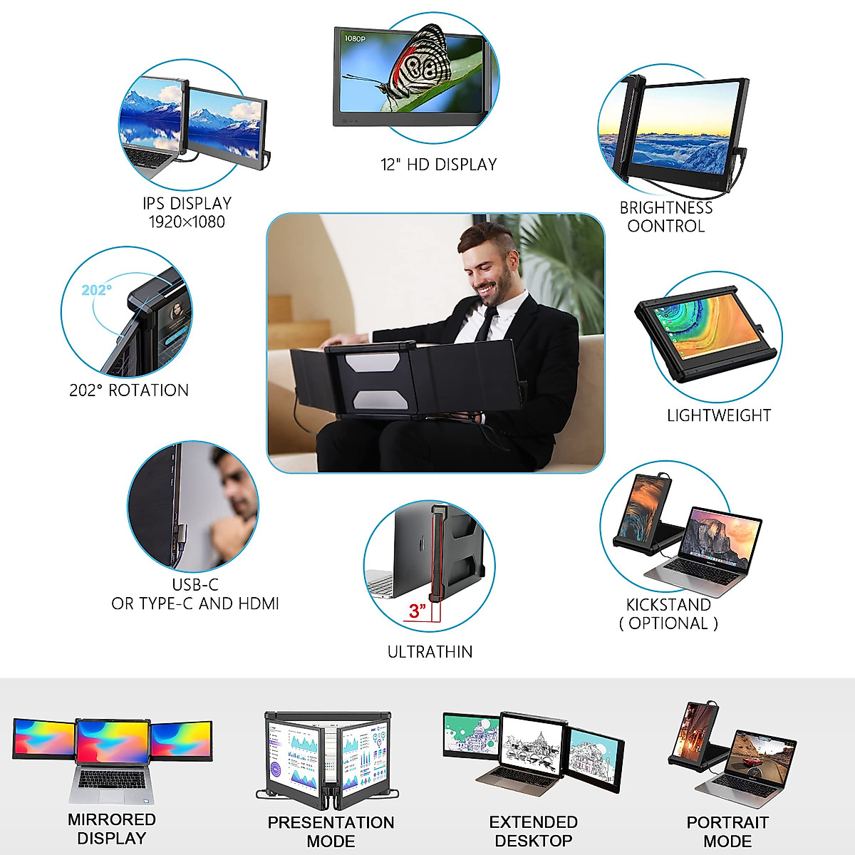 WESTHOD 12" Laptop Monitor Extender, Portable Monitor for Laptop HDMI USB C Screens Extender FHD 1080P, Plug-Play Tri-Screen for 13”-16” Laptops