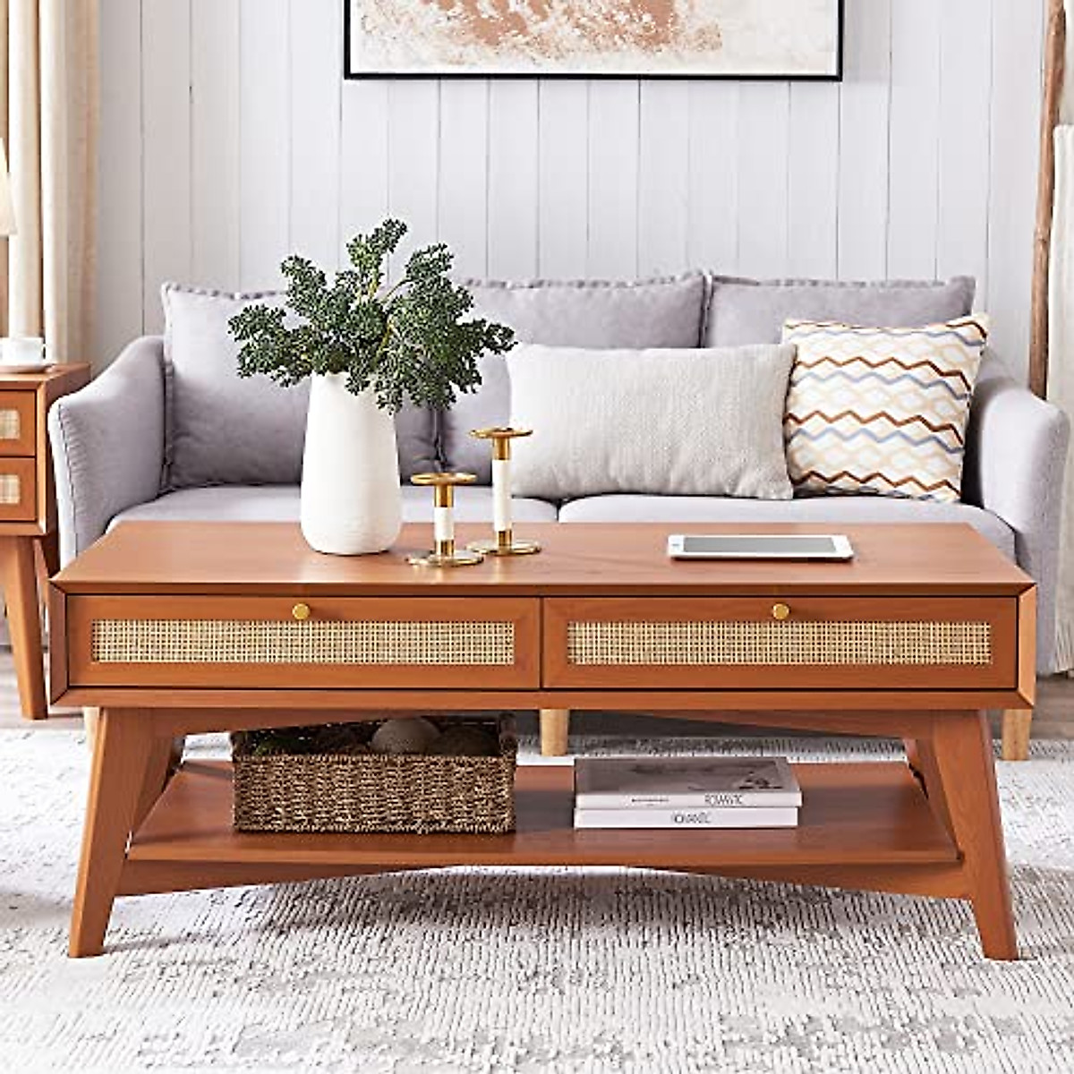 OKD 48" Coffee Table with Natural Rattan Drawers, Mid Century Modern 2-Tier Center Table with Open Storage Shelf, Boho Rectangular Wood Cocktail Table for Living Room, Cherry