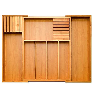 Utensil Organizer for Kitchen Drawers - Bamboo Silverware Organizer - Expandable Utensil Holder and Cutlery Tray with Divider and Removable Knife Block | 17” Long, Adjustable from 13” to 22.2”