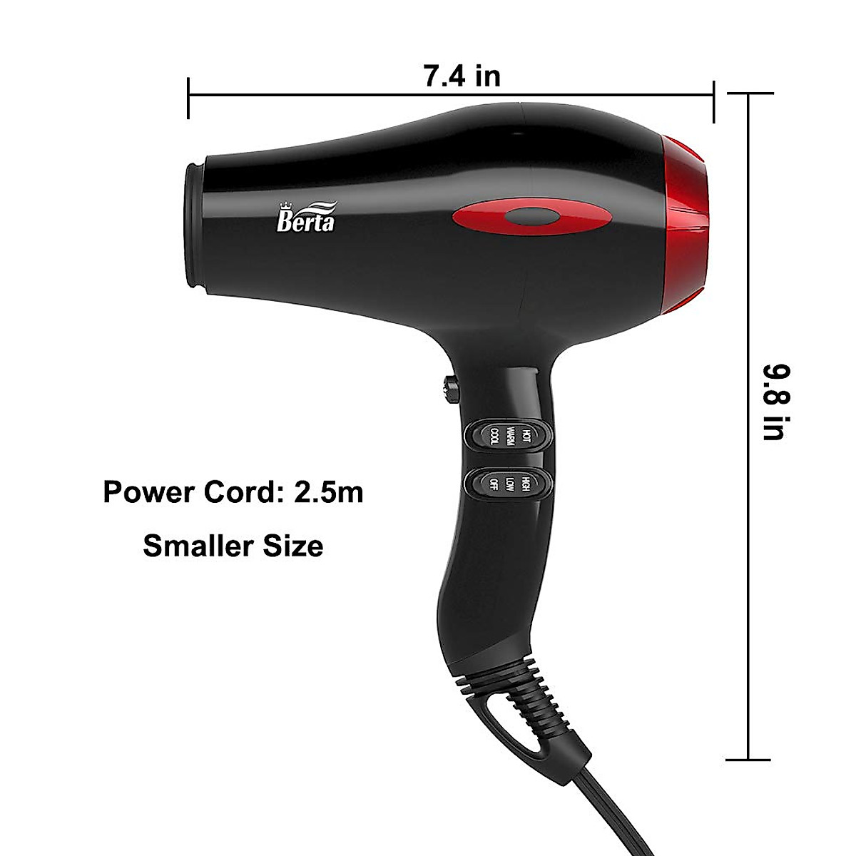 BERTA 1875W Professional Salon Hair Dryer Negative Ionic Blow Dryer, 2 Speed 3 Heat Settings Cool Button with AC Motor, Concentrator Nozzle & Diffuser