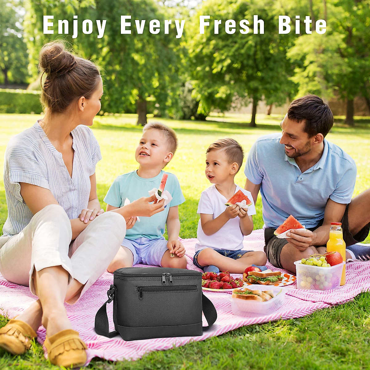 BuyAgain Lunch Bag, 600D Poly Small 6 Can Insulated Reusable Lunch Cooler Bag PEVA Water-resistant Lining for Women Men Adult Work, Black