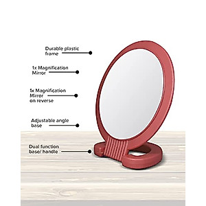 Double Sided Magnifying Mirror - Vanity Round Makeup Mirror with 1x and 5x Magnification - Mirror Stand with Adjustable Handle - Light, Compact Mirror - Portable, Standing Mirror for Travel (Red)