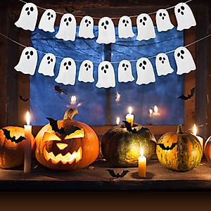 2pack Glittery Halloween Ghost Banner with 24pcs 3D Scary Bat Stickers for Halloween Decoration Haunted Houses Doorways Indoor Outdoor Mantel Wall Decor