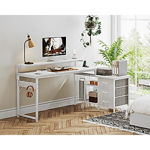 AODK 70 Inch L Shaped Computer Desk with Power Outlets & USB Charging Ports, Reversible L-Shaped Corner Desk with Drawers & Monitor Stand, Home Office Workstation with Storage Cabinet, White