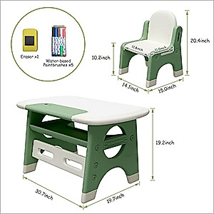BanaSuper Kid's Drawing Table and Chair Set with Erasable Board Watercolor Pens Plastic Activity Table for Toddlers Children Desk Snack Time Homeschooling Homework Gift for Boy & Girl (Green)