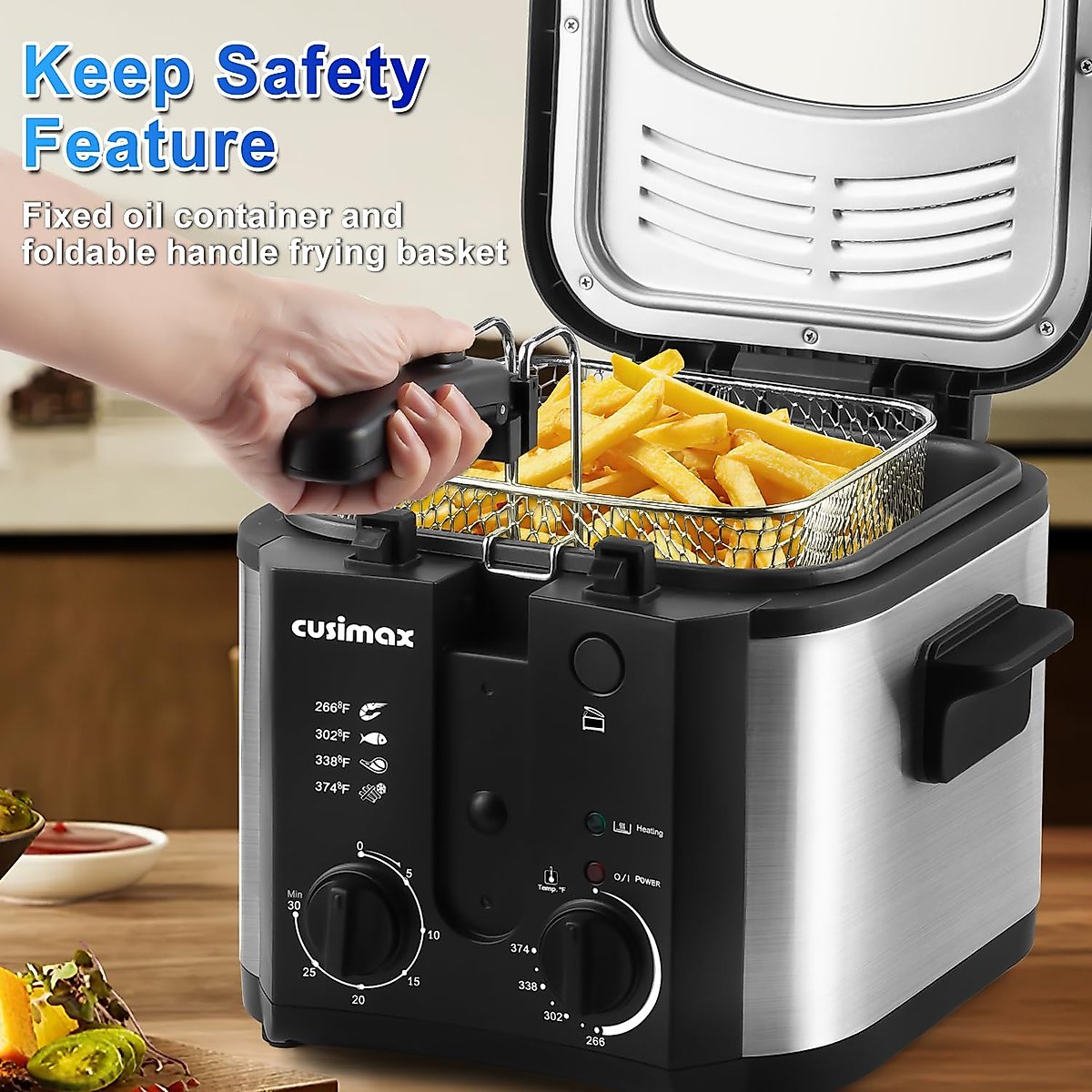 CUSIMAX Electric Deep Fryer for Home Use, 1500W, 2.5 Liter Small Deep Fryer with Basket, Adjustable Temperature & Time, Lid with View Window and Odor Free Filter