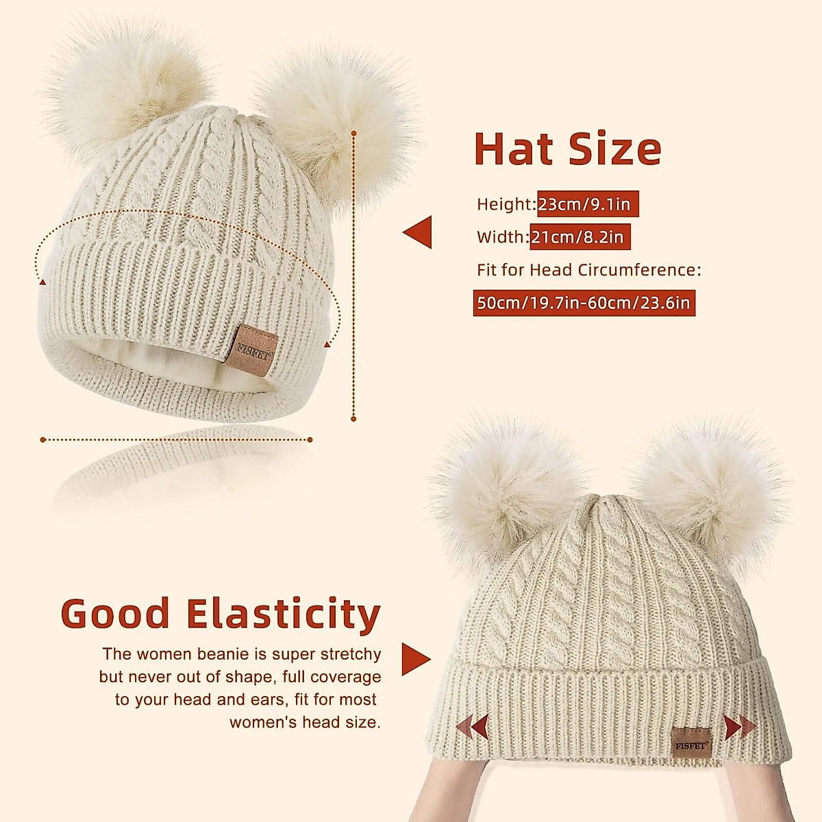 Beanies Women with Double Pom Pom, Winter Hats for Women Cold Weather Warm Cable Knit Fleece Lined, Cute Beanie Cap for Daily Use(Oatmeal)