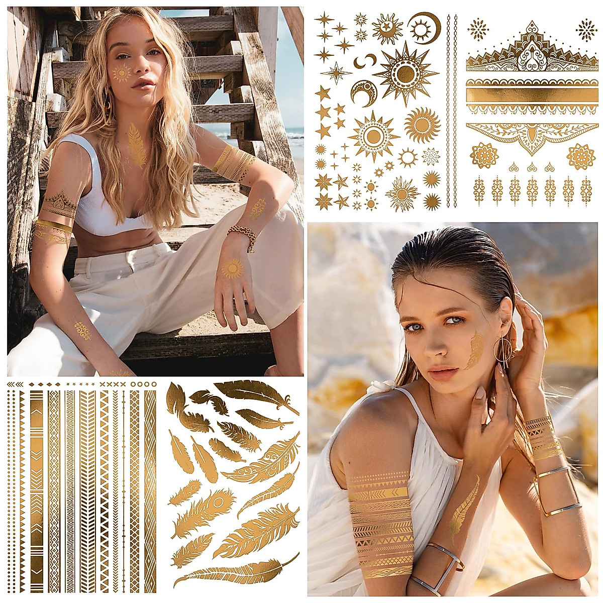 DPKOW 9 Sheets Gold Temporary tattoos, Gold Tattoos Temporary Metallic Tattoos Moon Star Butterfly Glitter Tattoos Festival Tattoos Flash Fake Waterproof Tattoo Stickers for Women Girls Body Art