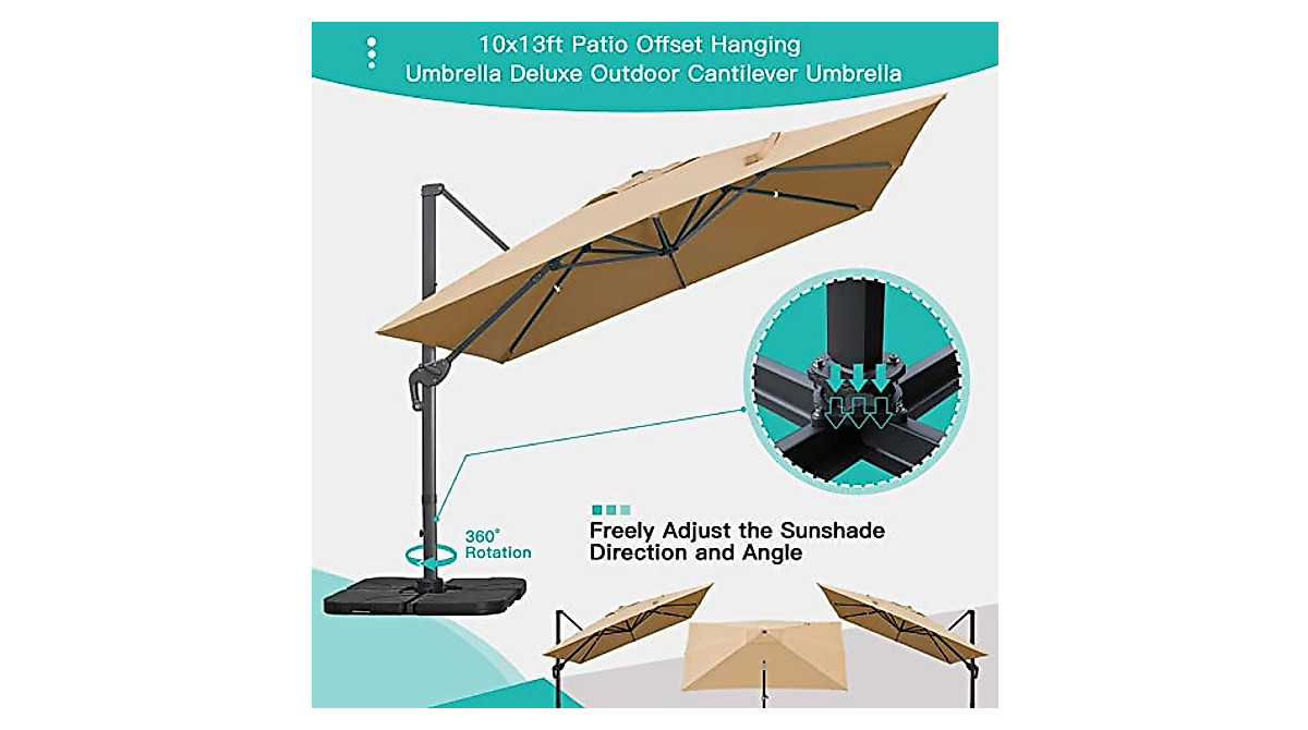 Sunnyglade 10x13ft Cantilever Patio Umbrella - 360° Rotation & Tilt