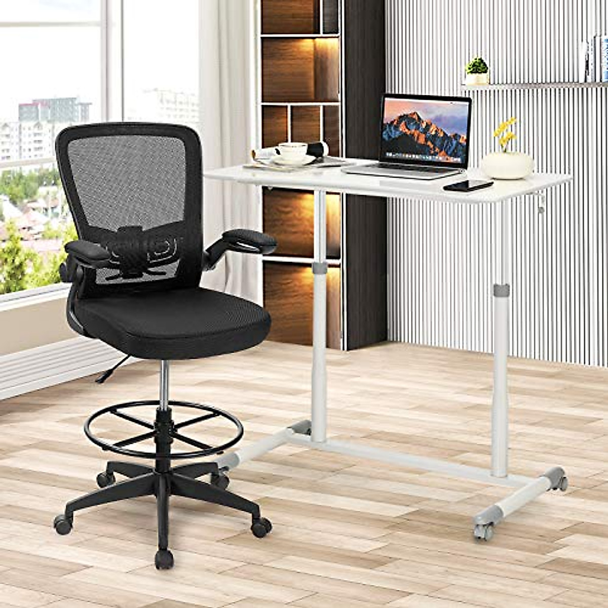 Tangkula Mobile Computer Desk with Steel Frame, Small Height Adjustable Rolling Compact Stand Up Desk on Wheels, MDF PVC Tabletop, Ideal for Home Office, White